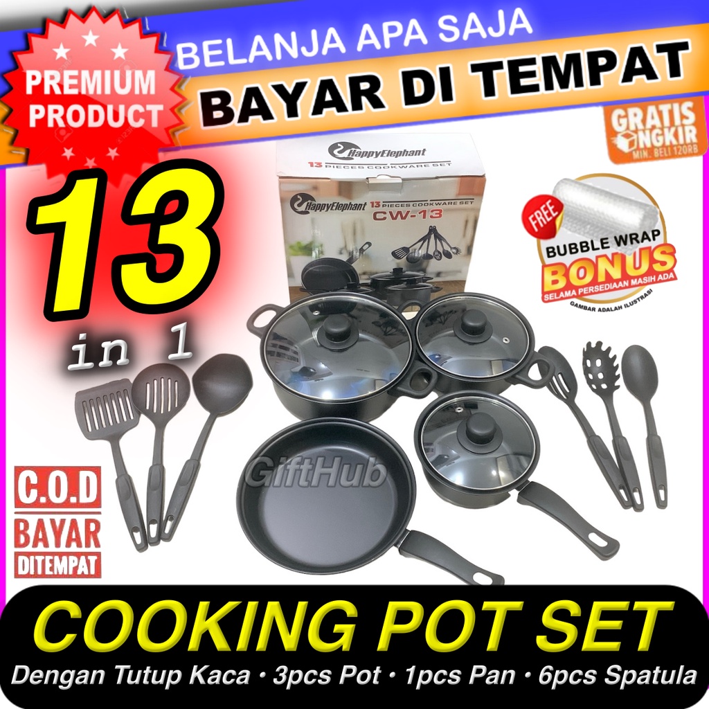 Jual Set 13 in 1 Cooking Set Cook Pot Sauce Pan With Spatula Happy ...