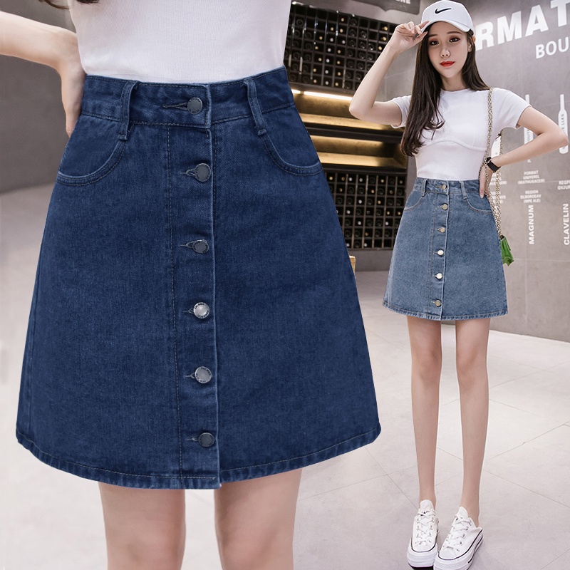 Jual 6043 Button Denim A-Line Skirt/Rok wanita jeans/Rok kancing/Rok ...