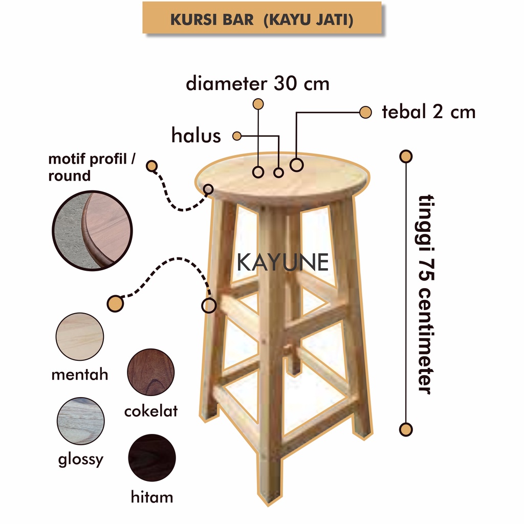 Jual Bangku Kursi Bar Bundar Warung Makan Tinggi 75 cm Bahan Kayu Jati ...