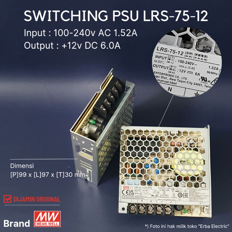 Jual Mean Well DC 12v 6A LRS-75-12 Switching Power Supply SMPS Switch Mode PSU 12vdc | Shopee ...