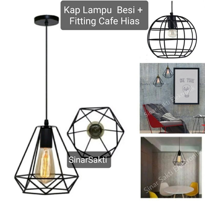Jual Kap Lampu Gantung Besi Cafe Hias Vintage Fitting Plafon E27 Diamond 1 Set Industrial Hitam ...