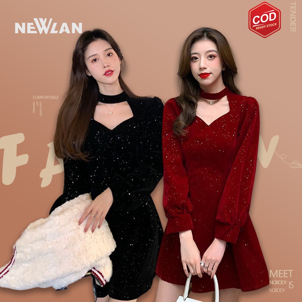 Jual Newlan QZ060 Korean velvet mini dress shining super premium v neck ...