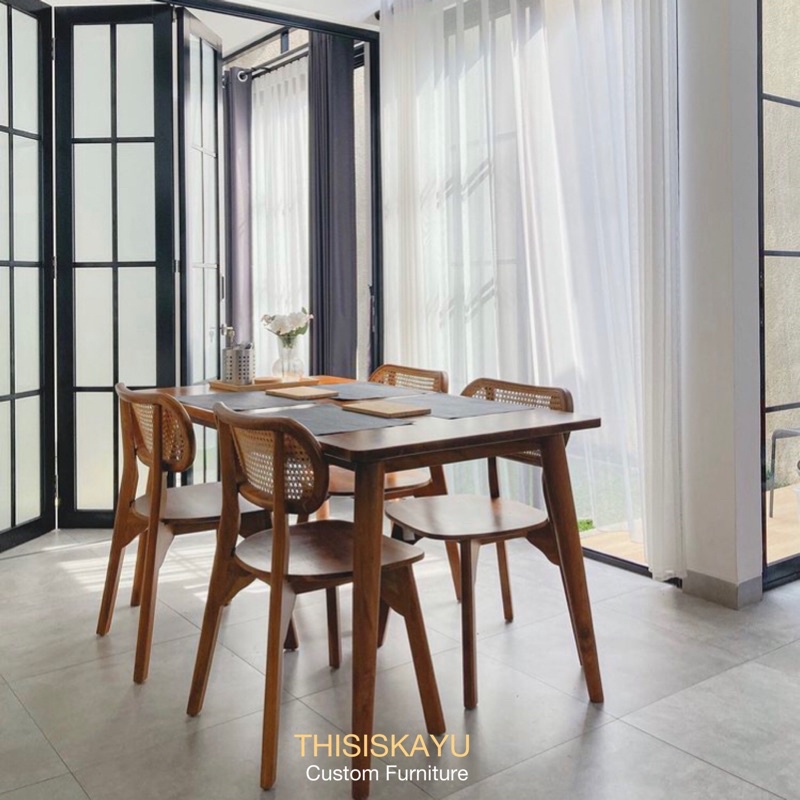 Jual MEJA MAKAN KURSI MIX ROTAN KAYU JATI | MEJA MAKAN RETRO MODERN MINIMALIS | Shopee Indonesia