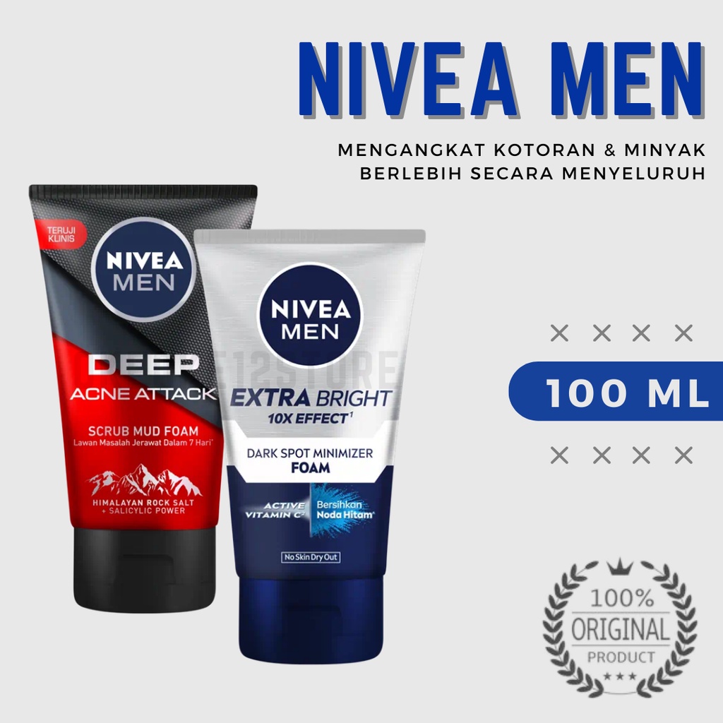 Jual ( Nivea Men Deep Acne Attac ) & ( Extra Bright Dark spot Facial Foam ) 100 ML | Sabun Cuci ...