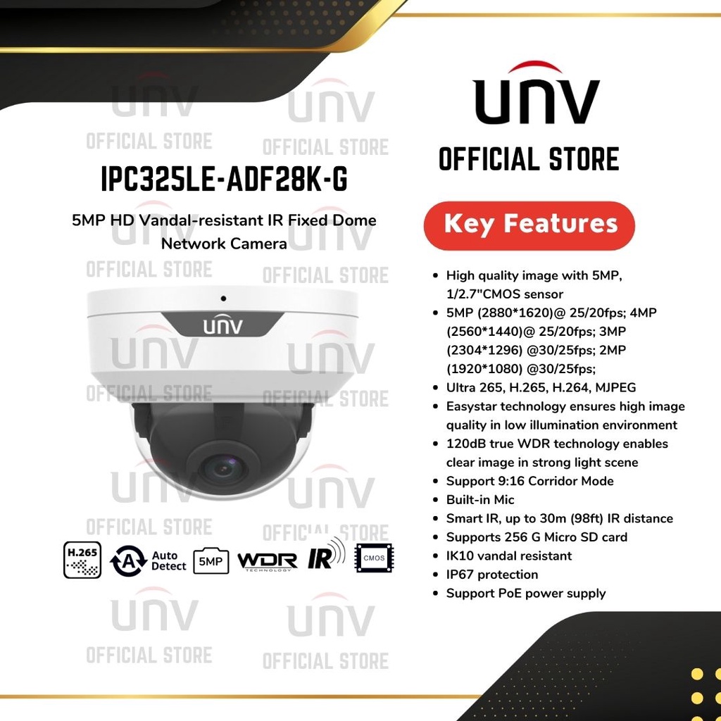 Jual UNV IPC325LE-ADF28K-G Uniview CCTV 5MP HD Vandal-resistant IR Fixed Dome Network Camera ...