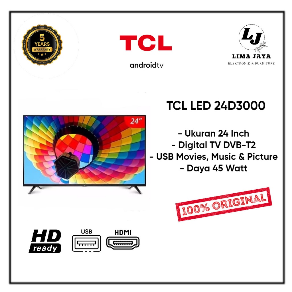 Jual TCL TV LED 24D3000 DIGITAL TV LED TCL 24 Inch | Shopee Indonesia