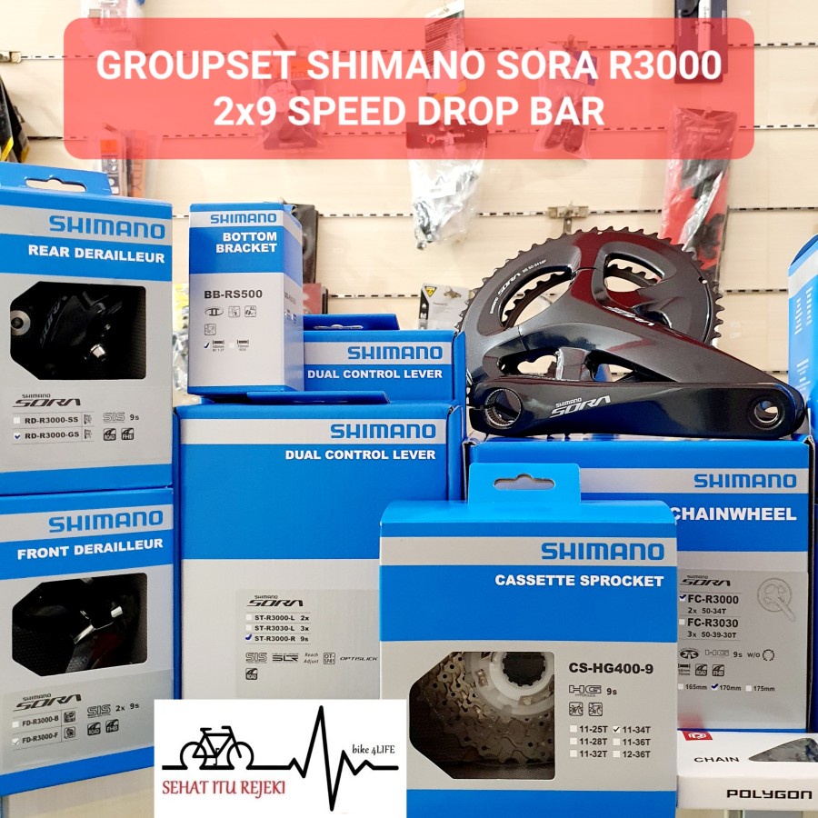Jual GROUPSET SHIMANO SORA R3000 2x9 SPEED 50-34T 11/34T GRUPSET DROP ...
