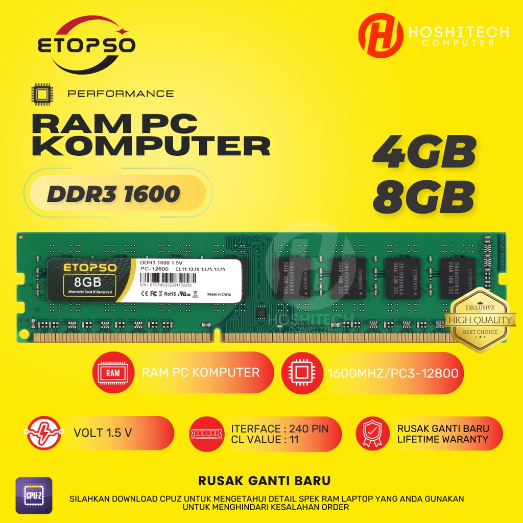 Jual RAM PC DDR3 ETOPSO 8GB 4GB PC3 12800/1600 MHZ MEMORY KOMPUTER ...