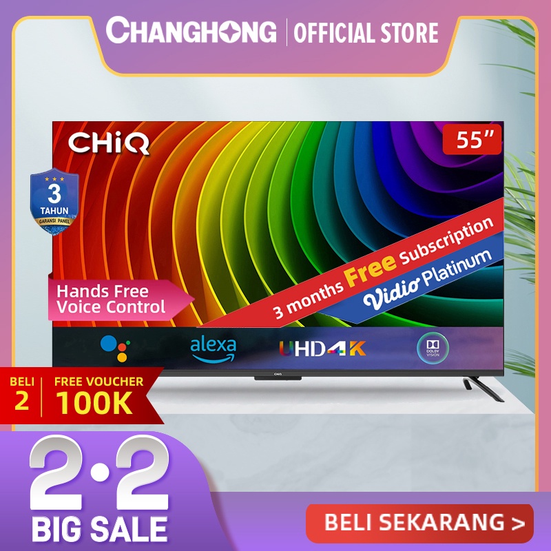 Jual CHiQ 55 Inch 4K Frameless Android Smart TV Digital LED TV(U55G7PF)-UHD-Dolby Vision-Wifi ...