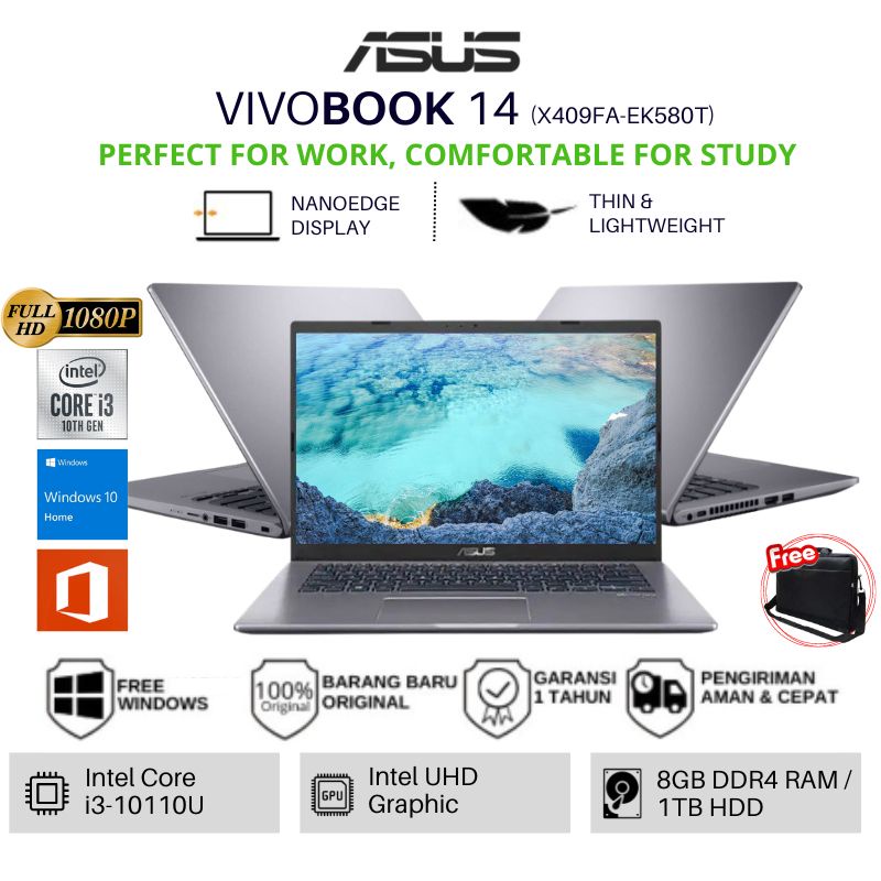 Jual LAPTOP ASUS Vivoboook X409FA-EK580T 14"FHD/Core i3-10110U/8GB/1TB ...