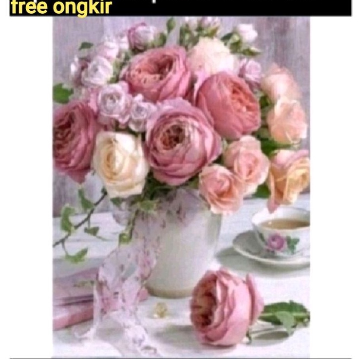 Jual paket kristik bunga mawar pink rose vase tea cup sulaman cross ...