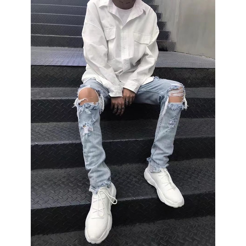 Jual Tipis Celana Jeans Robek Pria Musim Panas Elastis Kaki Kecil ...