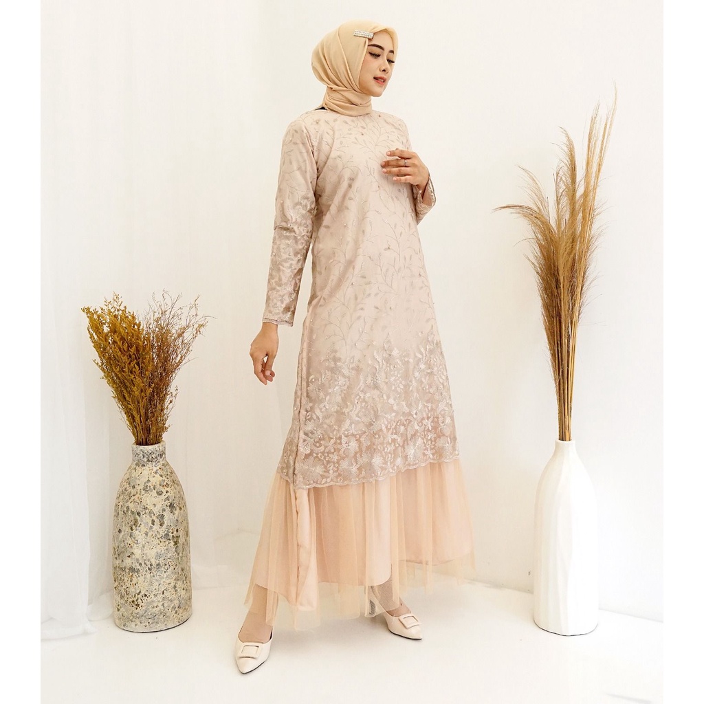 Jual (Full Tile Brukat) Gamis Arini Full Tile Bordir Mutiara Glitter ...