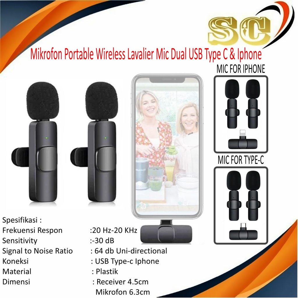 Jual Microphone Mic Clip On Wireless Lavalier Mic Dual USB Type C ...