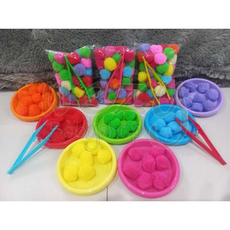Jual Paket pompom dan tweezer mini / sensory play Mainan Montessori ...