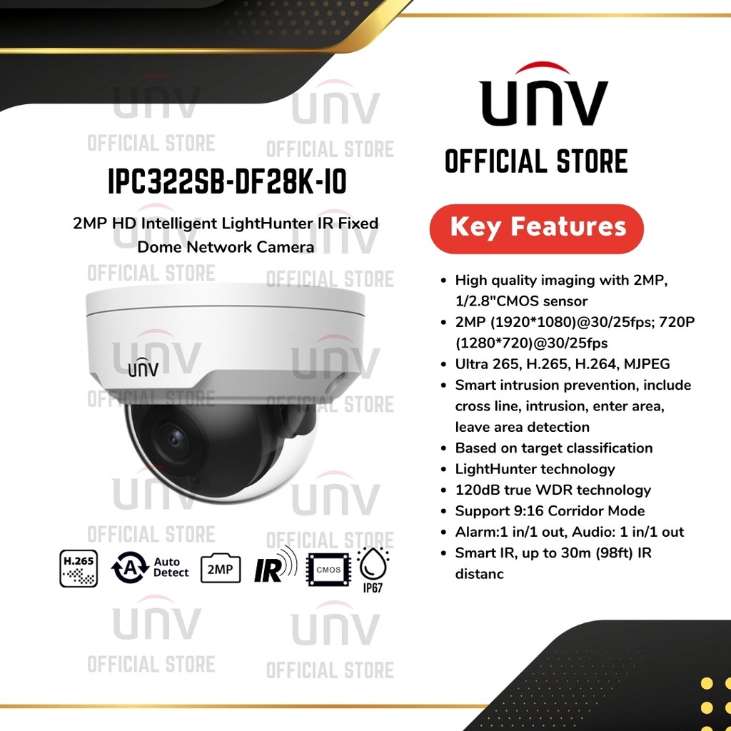 Jual UNV IPC322SB-DF28K-I0 Uniview CCTV 2MP HD Intelligent LightHunter IR Fixed Dome Network ...