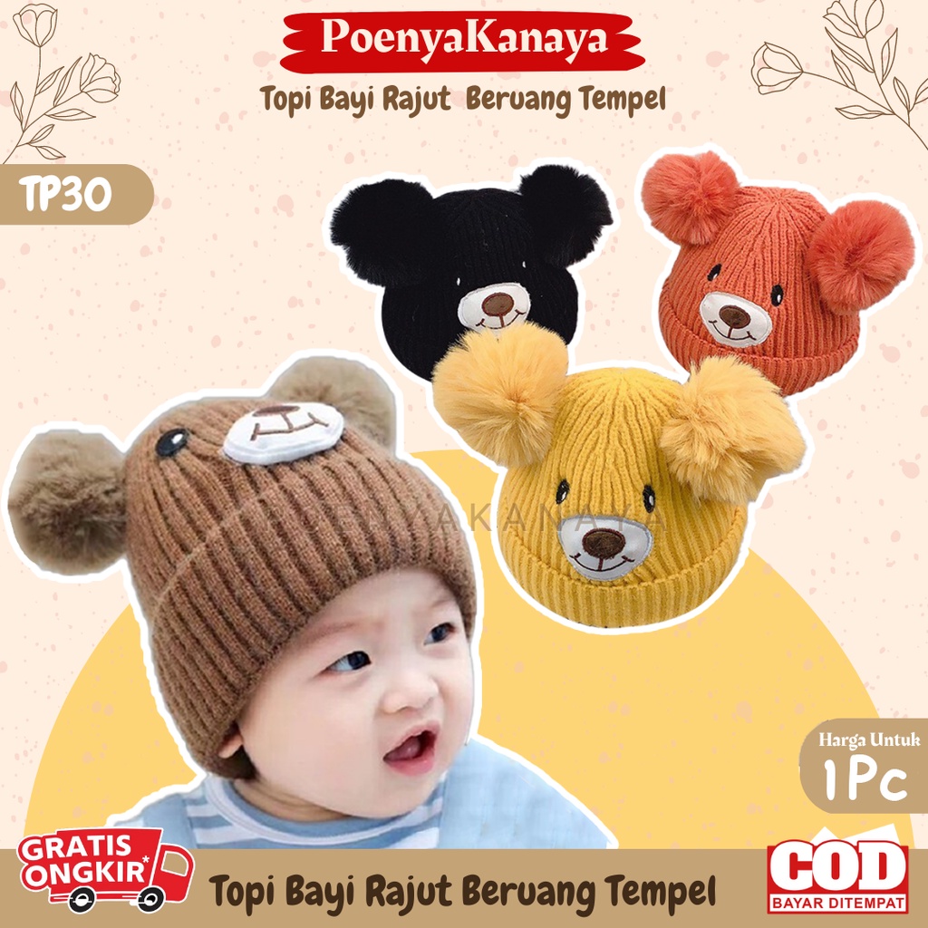 Jual Topi Kupluk Bayi Rajut BERUANG TEMPEL Topi Rajut Pompom TP30 ...