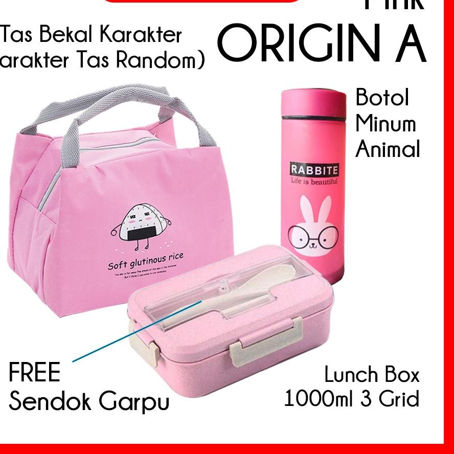 Jual ☟ PAKET SET || Kotak Bekal Makan Gratis Sendok Garpu + Tas Bekal + Botol Minum || Set Lunch ...