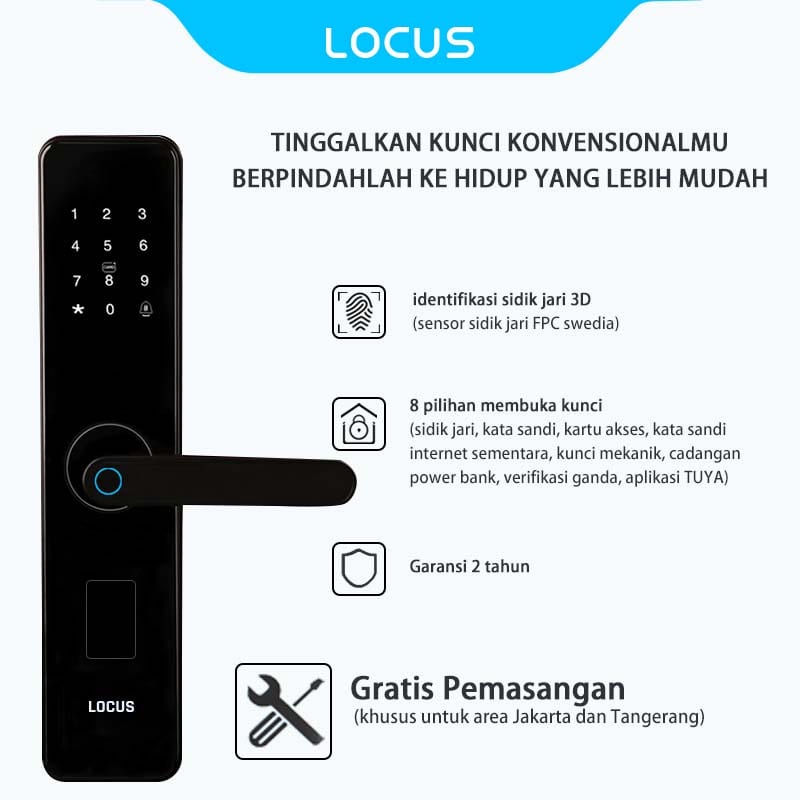Jual Locus L5 Smart Door Lock dengan Sidik Jari, Fingerprint/Password/Tuya App/Access Card ...