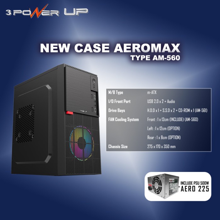 Jual Casing Power Up AEROMAX AM-560 with PSU 500W m-ATX Case | Shopee ...