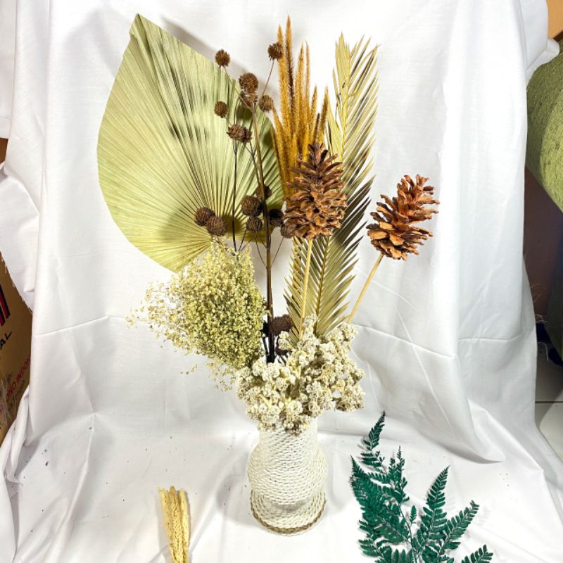 Jual satu paket bunga kering daun palem pinus lengkap + vas | Shopee ...