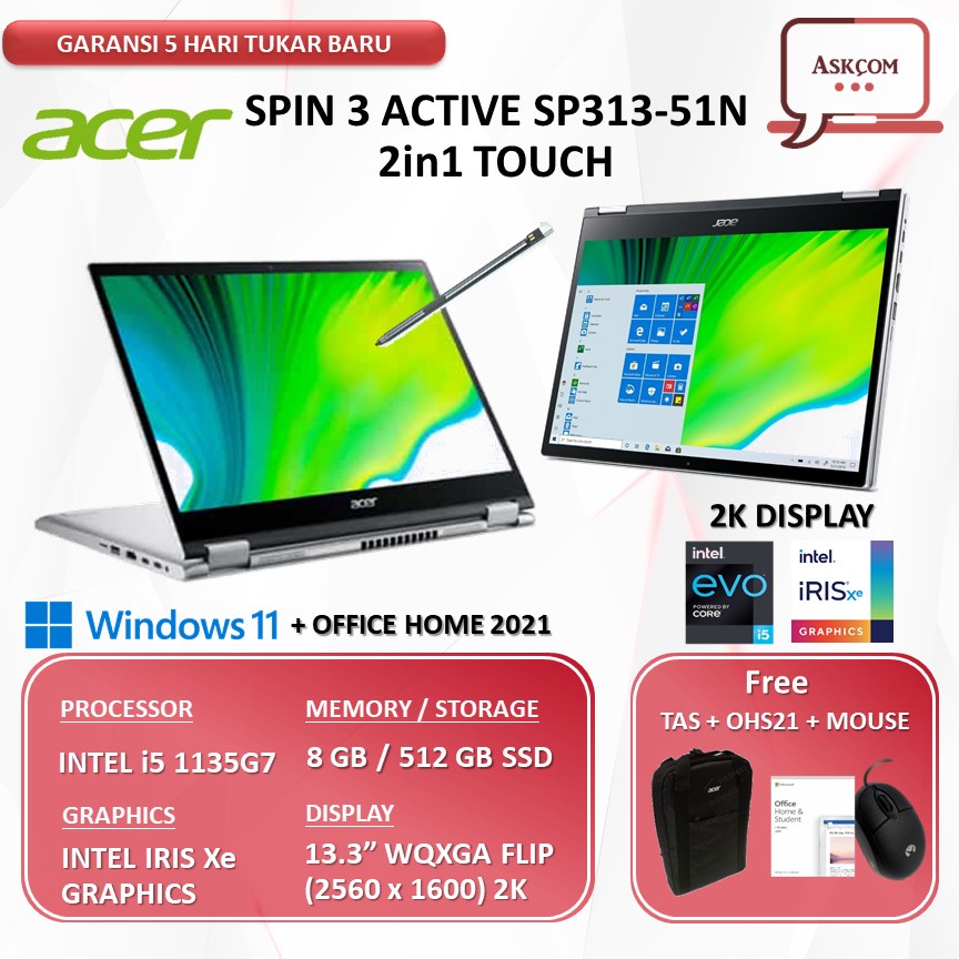 Jual Laptop Acer Spin 3 Active SP313 Flip Touch Evo i5 1135G7 RAM 8GB ...