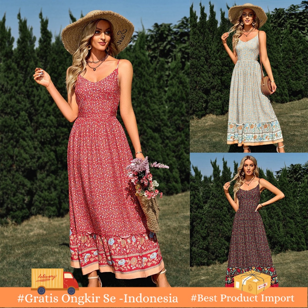 Jual Gaun Wanita Panjang Pinggang Pelangsing Gaun Bohemian V-Leher Tali ...