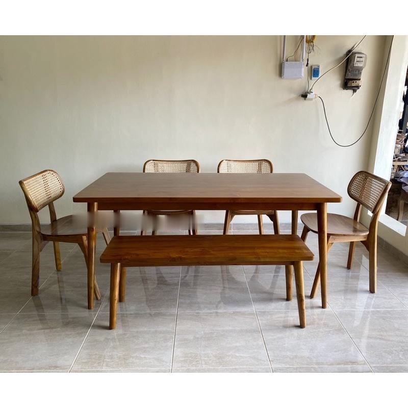 Jual Set Meja Makan Lengkap Kayu Jati TOP 3 cm Solid 200cm - Kursi Kacang Rotan - Meja Makan ...