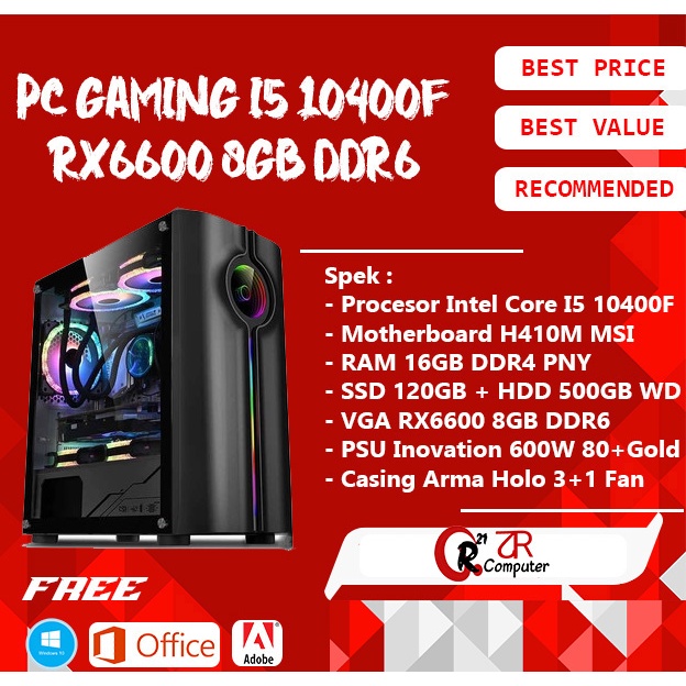 Jual PC CPU GAMING INTEL CORE I5 10400F RAM 16GB RX6600 8GB DDR6 CASING ...