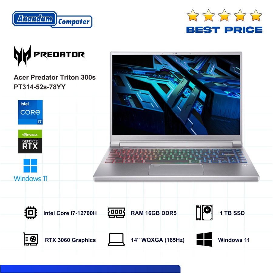 Jual Acer PREDATOR TRITON PT314-52S-78YY Intel i7-12700H 16GB 1TB RTX ...