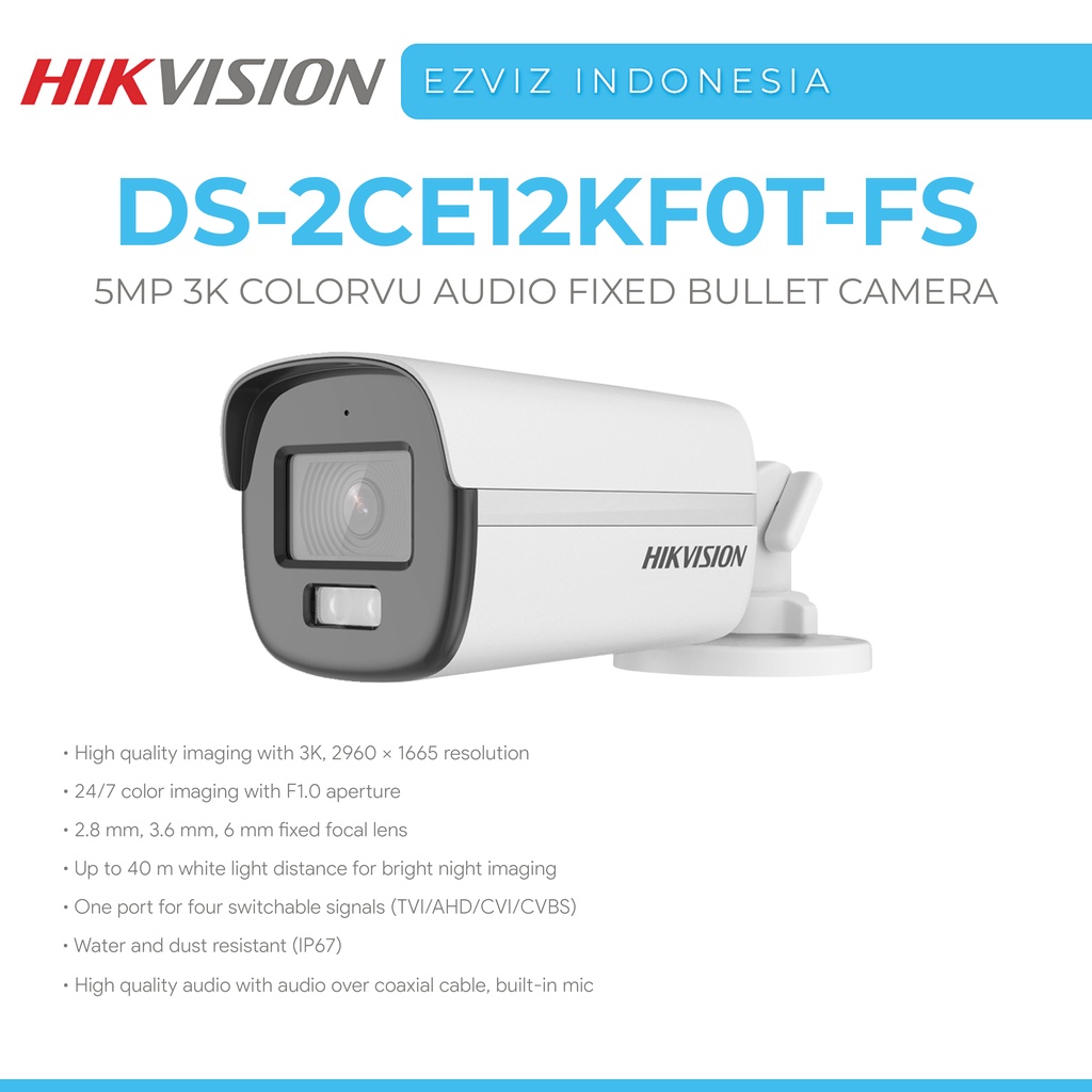 Jual HIKVISION DS-2CE12KF0T-FS 3K COLORVU BUILT-IN MIC FIXED BULLET CAMERA | Shopee Indonesia