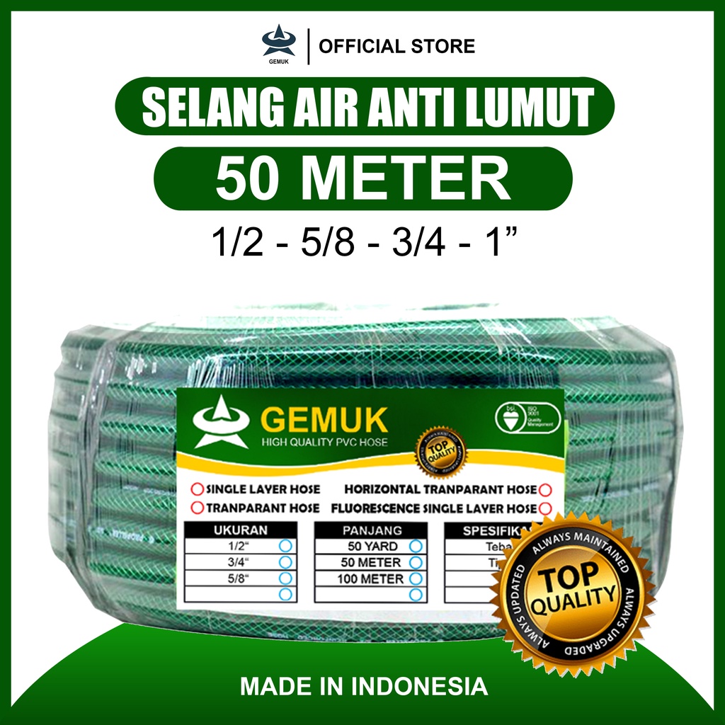 Jual GEMUK Selang Air 50 Meter 1/2 5/8 3/4 1 Inch Selang Benang Anti ...