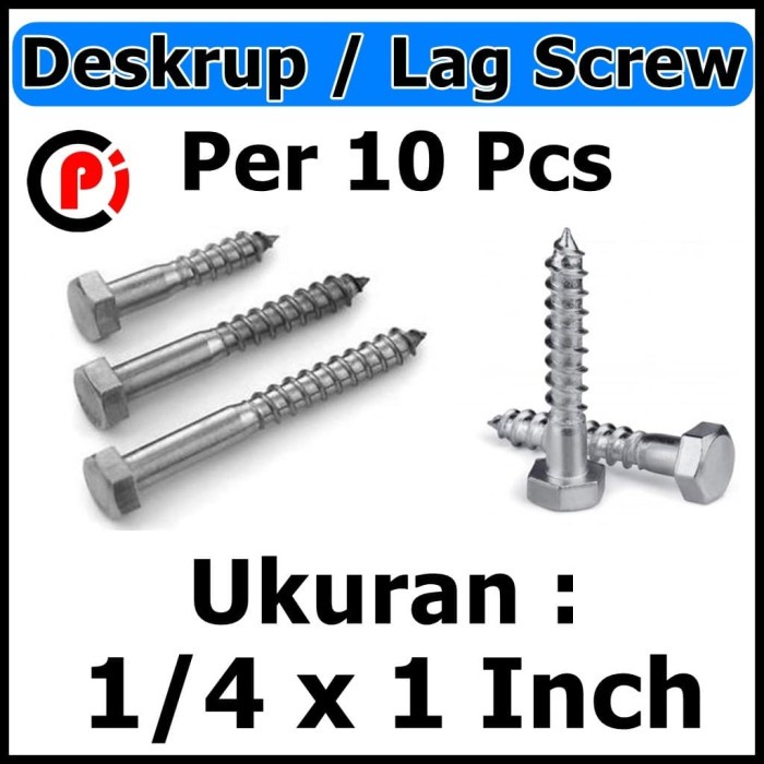 Jual Per 10 Pcs Baut Skrup Deskrup Lag Screw Bolt Ukuran 1/4 x 1 Inch ...