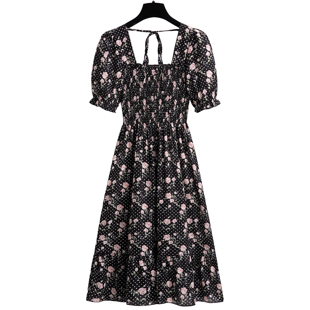 Jual Fashion Gaya Korea Gaun Lengan Pendek Hitam Bunga Wanita Bali Dada ...