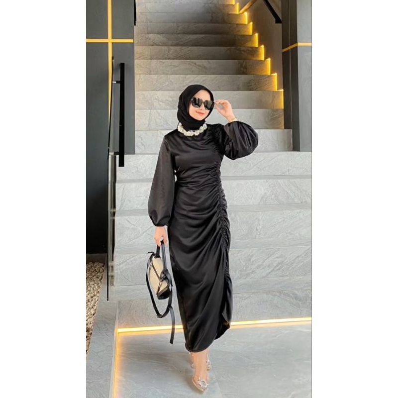 Jual Andini Dress Satin Premium Velvet Satin / Dress Serut Satin ...