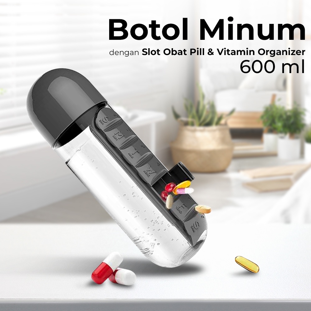 Jual Botol Minum Unik dengan Slot Obat Pill & Vitamin Organizer 600ML ...