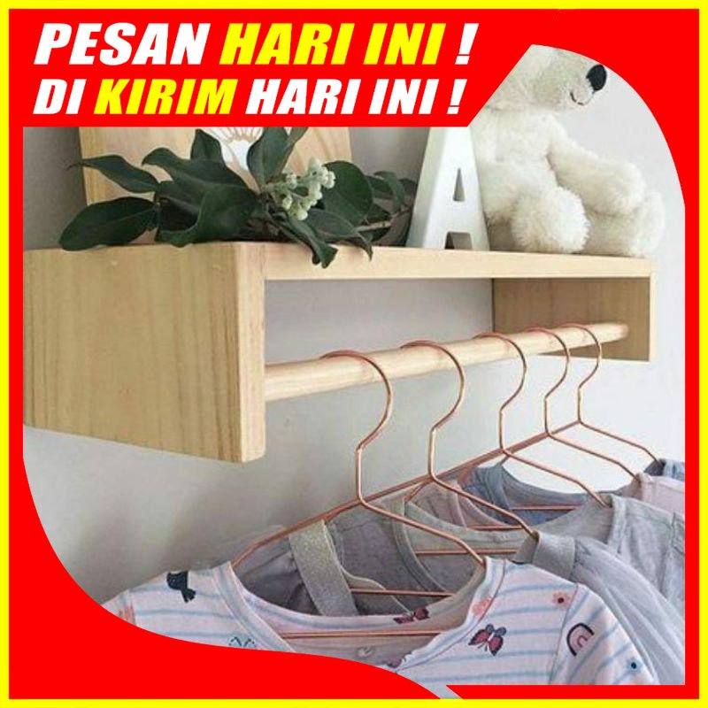 Jual (H13) Hanger Gantungan Baju Dinding & Ambalan Kayu Tempel Tanpa ...