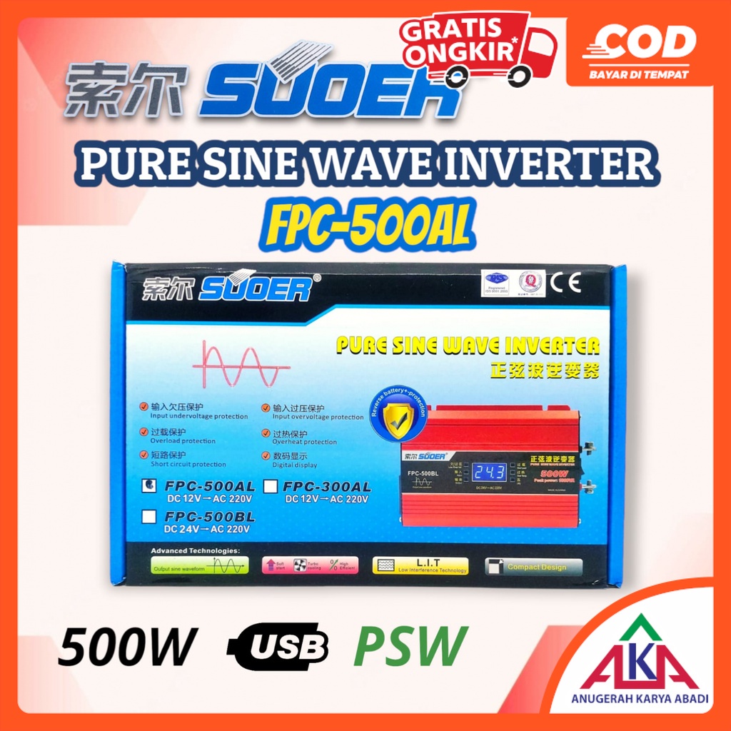 Jual SUOER Power Inverter DC To AC PSW Pure Sine Wave 12V To 220V 500W / 1000W Watt FPC-500AL ...