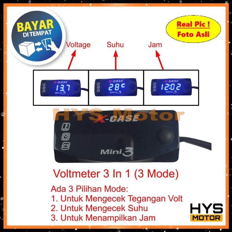 Jual HYS Volt Meter Motor Digital Anti Air/Waterproof - 3 in 1 (Tegangan Aki, Penunjuk Jam dan ...