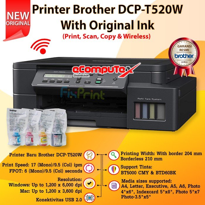 Jual PRINTER BROTHER DCP T520W / T 520W INFUS WIFI PRINT SCAN COPY ALL ...