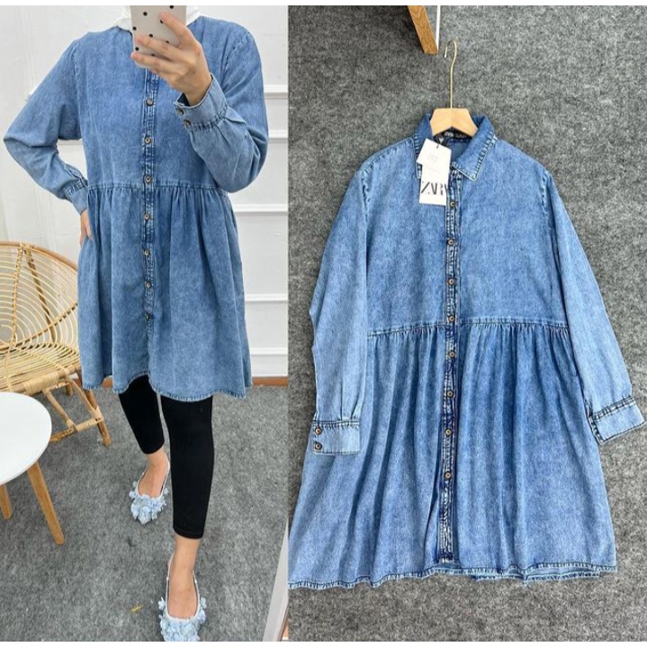 Jual Adeline Tunik Wanita Jeans Wash / Long Tunik Midi Dress Denim ...