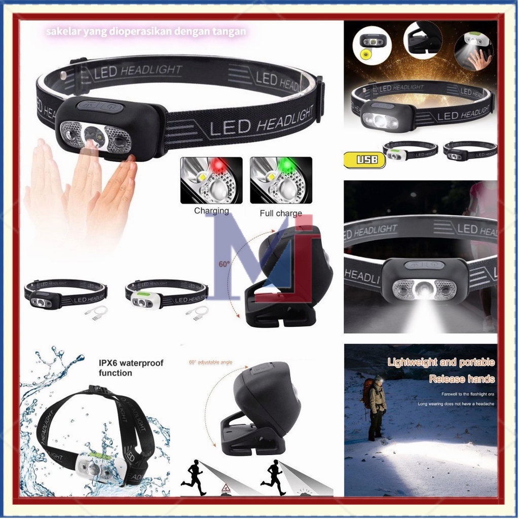 Jual 【COD】Lampu Senter Kepala Headlight USB Rechargeable Headlight ...