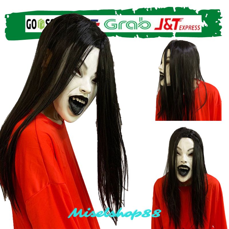 Jual Topeng seram nenek sihir mulut hitam latex dengan rambut halloween ...