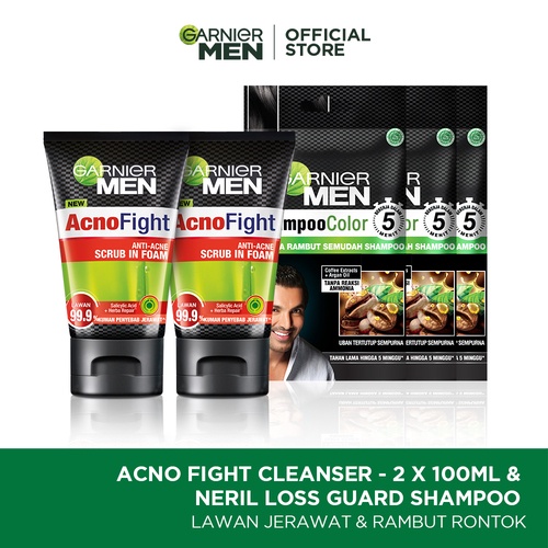 Jual Garnier Men Acno Fight Anti-Acne Scrub In Foam 100ml x2 + Shampoo Color | Shopee Indonesia