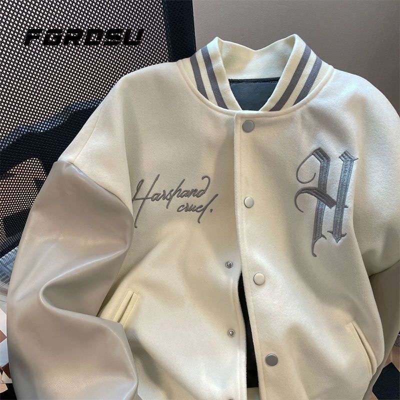 Jual Unisex vintage embroidered button design jacket/letter embroidered baseball jacket(Support ...