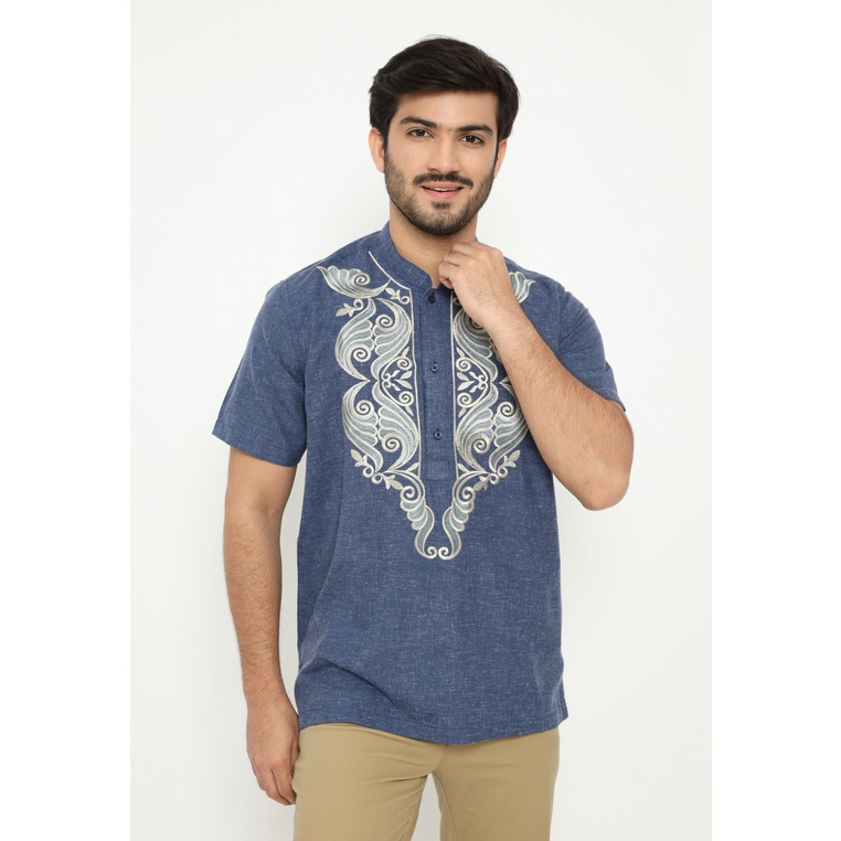 Jual Hassenda Koko Linen Border Pria Lengan Pendek Al-Karim Indigo Navy ...