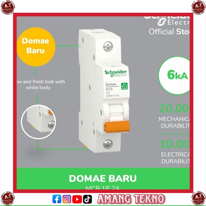 Jual DOMAE MCB 2A 4A 2 AMPERE 4 AMPERE 1P 1 POLE PHASE SCHNEIDER 6000A - 4A TERMURAH | Shopee ...