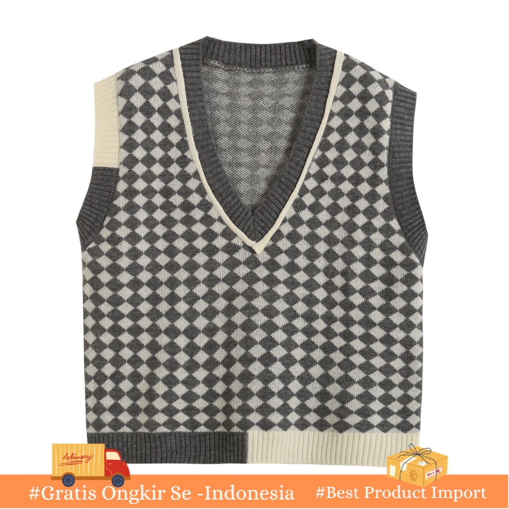 Jual Vest Korea 00mz-2297 Rompi Rajut Korea Preppy Plaid Sweater Rompi ...