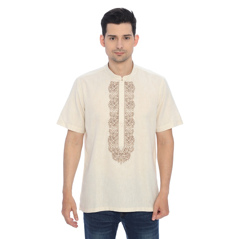 Jual Hassenda Koko Linen Border Pria Lengan Pendek Al-Fath Rich Cream ...