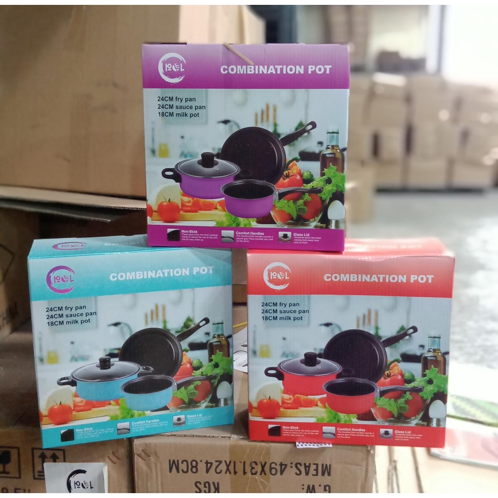 Jual Panci Set 3 In 1 Anti Lengket Warna | Panci Isi 3 Tutup Kaca Panci Wajan 1 Set 3 Pcs ...